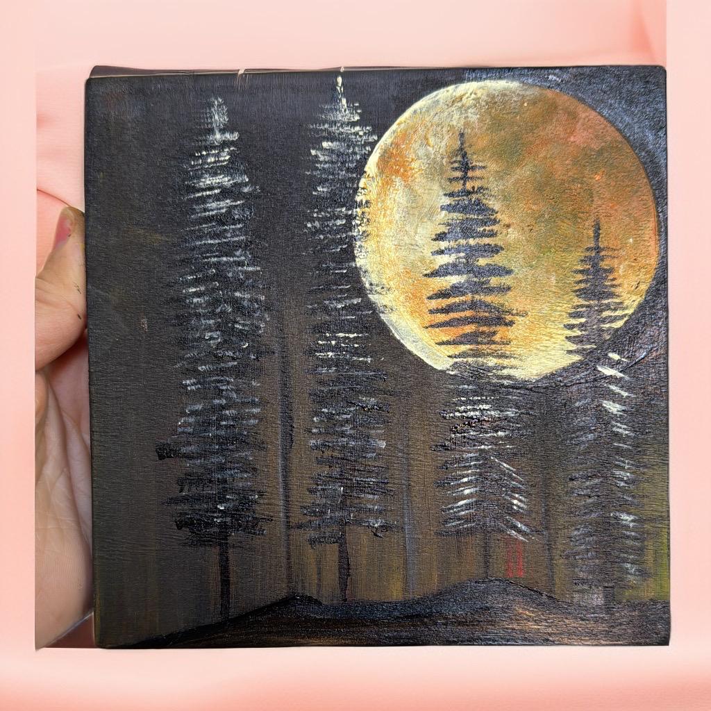 Moonlit Pines Wall Art – Golden Moonlit Pines 6x6" – GalaxyArtWork