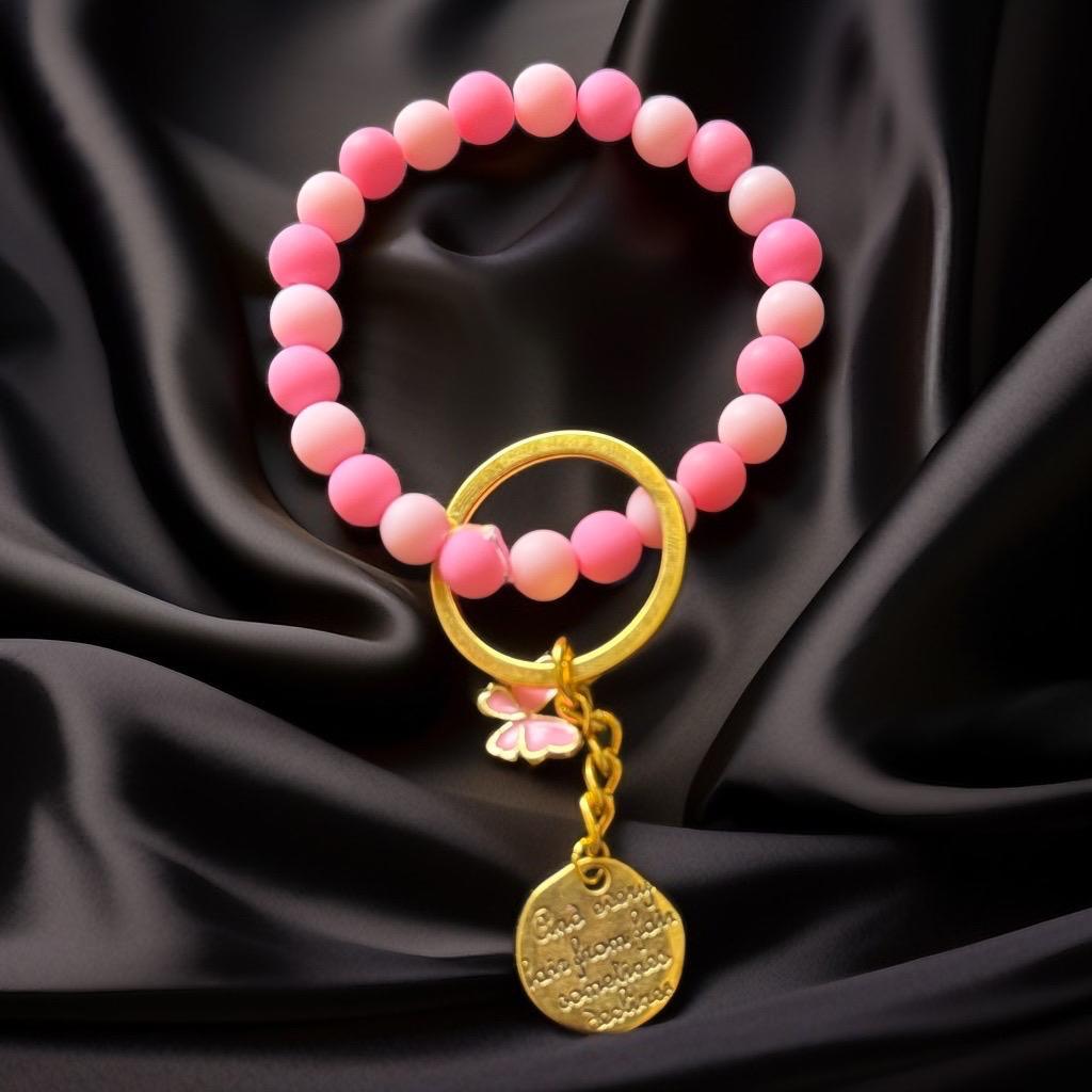 Pink Beaded Keychain Bracelet with Motivational Charm – GalaxyArtWork