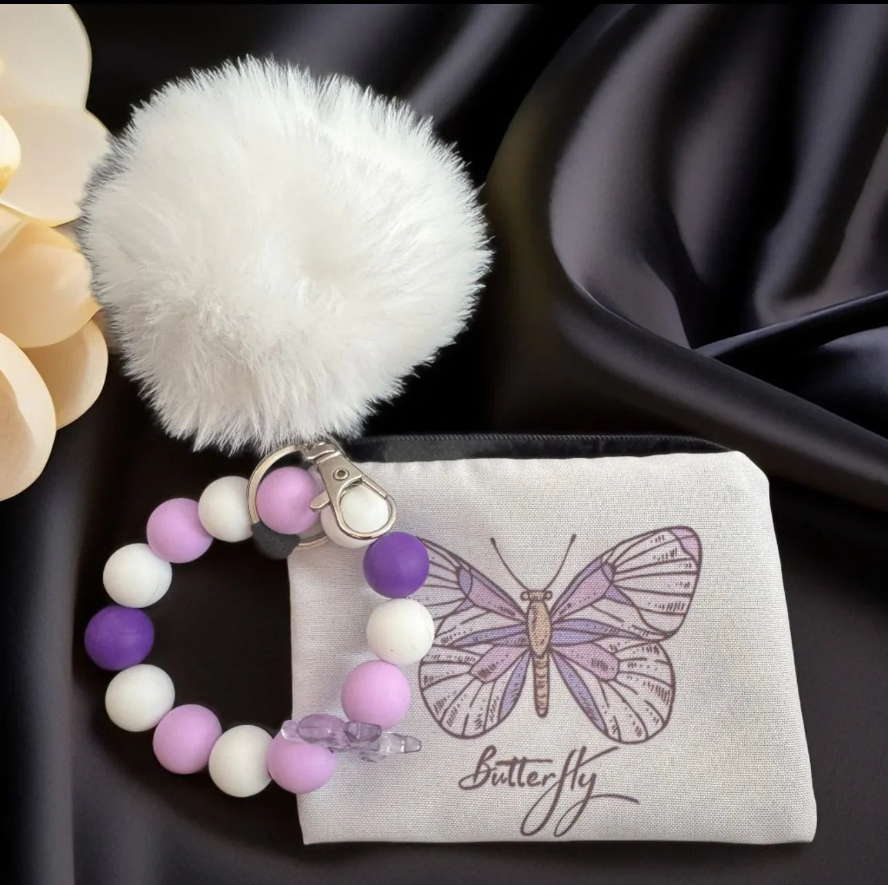 Handmade Coin Wristlet Bracelet & Fluffy Pompom Keychain Gift Set ...